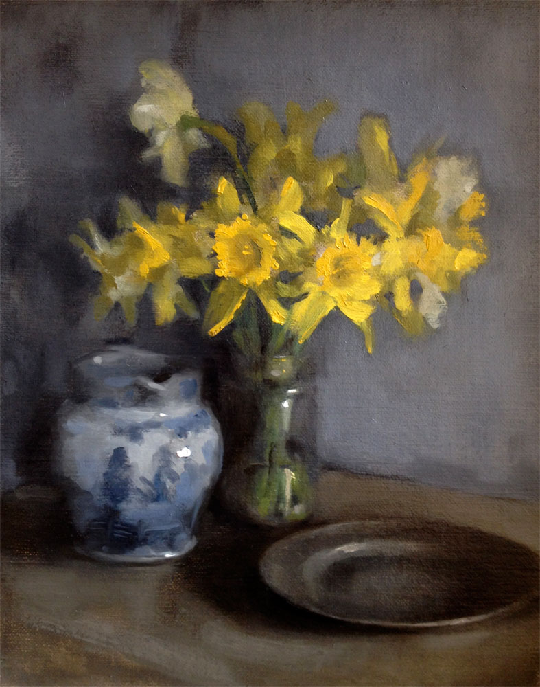‘Studio Corner’. Still life oil painting of daffodils, pewter plate and ...